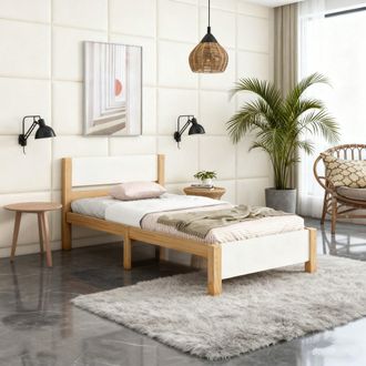 Generic Einzelbett 90x200 cm in Weiß+Natur | Kiefernholzrahmen mit Mittelfuß | Jugend- & Erwachsenenbett | Kopf- & Fußteil aus MDF