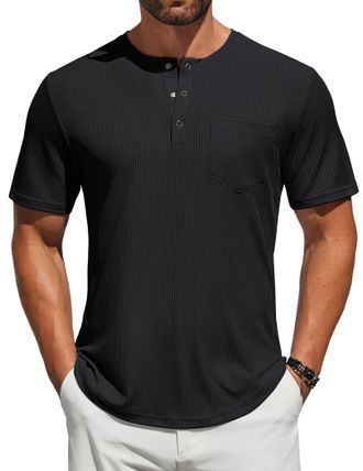 Coofandy Henley T-Shirt für Herren Kurzarm Geripptes Sommer T Shirt mit Tasche Knopfleiste Casual Tee Schwarz XL