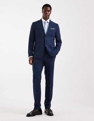 Selected Pantalon slim en lin m&eacute;lang&eacute; - Bleu marine