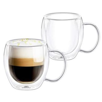 Wilmax England Wilmax - Verres thermiques &agrave; double paroi avec anse - Lot de 2-500 ml - Verres &agrave; boire - Tasses thermiques - Verre &agrave; th&eacute; - Lot de verres &agrave; latte macch