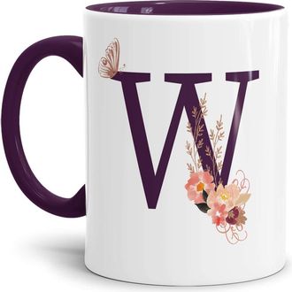 Tassendruck Buchstaben-Tasse mit Blumen - Buchstabe W - Innen & Henkel Violett - Mug/Cup/Becher/Edel/Geschenk-Idee/Beste Qualität - 25 Jahre Erfahrung