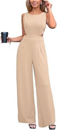 Cupshe Combinaison pour femme avec découpe col rond sans manches et dos nu, jambes longues et larges, style élégant et décontracté, kaki, S