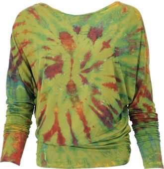 Guru Shop Batik Hippie Shirt, Unikat Boho Langarmshirt mit Fledermaus&auml;rmeln - Gr&uuml;n, Damen, Synthetisch