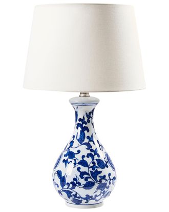 Beliani Tischlampe Porzellan Vasenfu&szlig; wei&szlig;/blau Stoffschirm Trommelform 48 cm Carmen