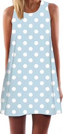 Ocean Plus Femme Multicolore Paréo Trapèze sans Manche Robe de Plage Haut Décontracté Flamant Loisir Feuilles Mini Robe (L (EU 38-40), Points Bleus et Blancs)