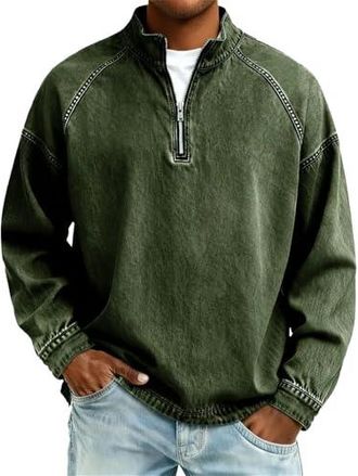 Generic Sweat-shirt dext&eacute;rieur &agrave; fermeture &eacute;clair quart pour homme, col montant, pull &agrave; manches longues, pull d&eacute;contract&eacute; &agrave; fermeture &eacute;clair 1/4, vert militai