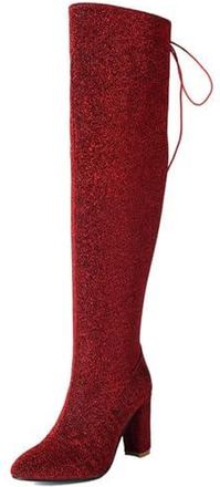 Generic Bottes à paillettes extensibles au-dessus du genou pour femme - Talon haut et épais - Bout rond - Chaussures dhiver avec fermeture éclair latérale, Ro