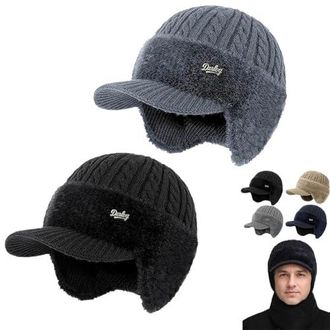 Generic Chapeaux tricot&eacute;s bloquants trap&egrave;ze avec rabats doreille et chapeau trappeur dhiver pour hommes coupe-vent thermique doubl&eacute; fourrure chapeau de chasse