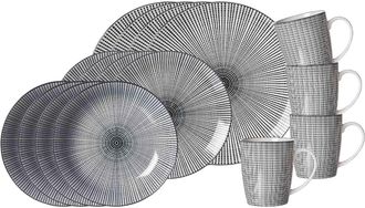 Ritzenhoff & Breker Takeo Stripes Kombiservice 16-teilig - Porzellan Geschirrset in Schwarz mit asiatischen Dekoren - Speiseteller, Suppenteller, Dessertteller & Henkelbe