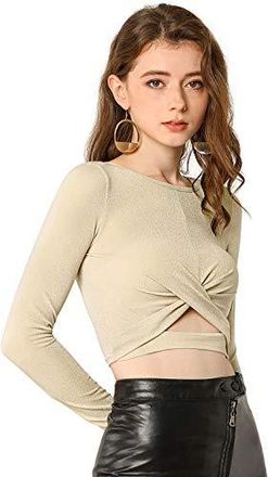 Allegra K Col Rond Manches Longues &agrave; d&eacute;coupes et Paillettes pour Femmes Beige M