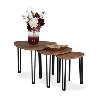 Relaxdays Beistelltisch 3er Set, dreieckig, Industrial Design, stapelbar, Satztische 3 Gr&ouml;&szlig;en, Metall, Holzoptik/schwarz, 1 St&uuml;ck