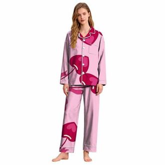 Generic Ensemble de pyjama 2 pi&egrave;ces en satin de soie pour femme - Imprim&eacute; coeur romantique - Manches longues - Haut et pantalon boutonn&eacute;s - V&ecirc;tements doux et 