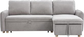 Miliboo Ecksofa, ausziehbar, wendbar, mit Truhe, 3-Sitzer, Chenille-Stoff, Grau und helles Holz, Orso