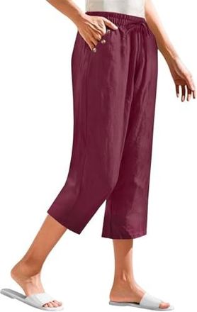 Generic Pantalon large en coton et lin pour femme avec cordon de serrage &agrave; la taille &eacute;lastique et pantalon d&eacute;contract&eacute; fluide et l&eacute;ger, Wine 1., 3XL