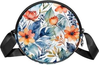 Generic Petit sac &agrave; bandouli&egrave;re circulaire pour femme, motif feuilles florales, sac &agrave; dos avec fermeture &eacute;clair, bretelles r&eacute;glables, sac &agrave; main rond d&eacute;contra
