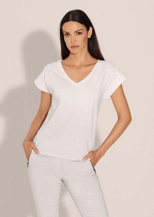 Madeleine Kurzarmshirt Sommerliches Jerseyshirt mit V-Ausschnitt Funkelndes Baumwollshirt mit Halbarm und &uuml;berschnittenen Schultern