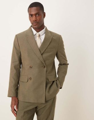 Abercrombie & Fitch Blazer de costume à double boutonnage en lin densemble - Vert olive