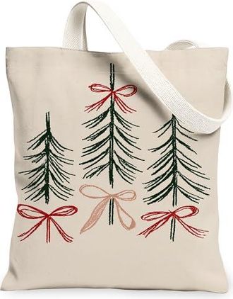Generic Sacs fourre-tout en toile motif sapin de No&euml;l, sacs d&eacute;picerie r&eacute;utilisables, vintage l&eacute;gers et lavables avec bandouli&egrave;re, beige, 13x15 Inch