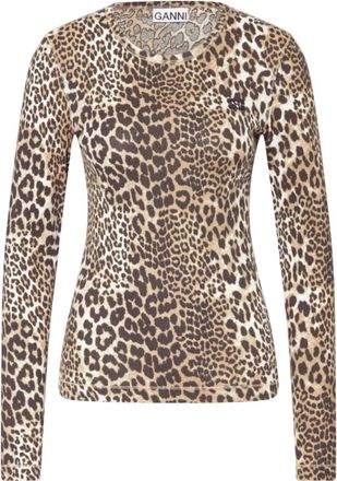 Ganni Femme, Tops, Brun, Taille: 42 FR Soft Cotton Rib Leo Longsleeve