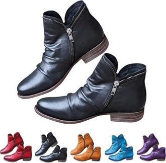 Generic Bottines de cowboy pour femmes, bottes western plates &agrave; talons bas en cuir vintage, confortables et l&eacute;g&egrave;res, avec fermeture &eacute;clair et soutien de la vo