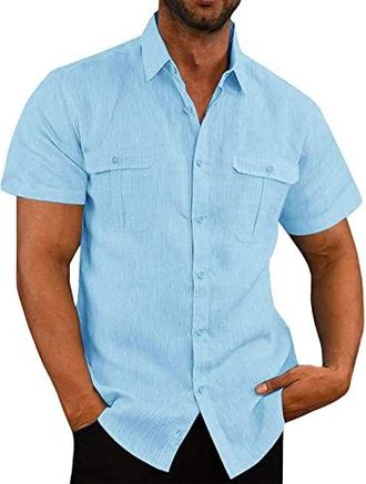 Generic Chemise en lin &agrave; manches courtes pour homme - Chemise d&eacute;t&eacute; en coton et lin - Manches courtes - L&eacute;g&egrave;res - Couleur unie - Chemise d&eacute;t&eacute; confortable - Cou