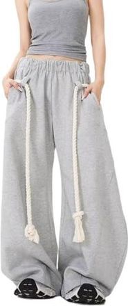 Generic Pantalon de surv&ecirc;tement taille haute pour femme avec cordon de serrage, pantalon d&eacute;contract&eacute; en coton, coupe ample, noir, gris, XXL