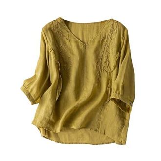 Generic Chemise en lin &agrave; manches 3/4 pour femme - Col en V - Broderie florale - Tunique r&eacute;tro - T-shirt jacquard l&eacute;ger et fluide - Chemisier boh&egrave;me, jaune, 3X