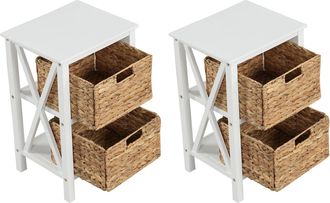 Giantex Beistelltisch mit 2 Ebenen, Nachttisch mit 2 K&ouml;rben aus Seegras, stabiler Holzrahmen, Aufbewahrungsschrank f&uuml;r Sofa, M&ouml;bel-Organizer f&uuml;r Wohnzimmer un