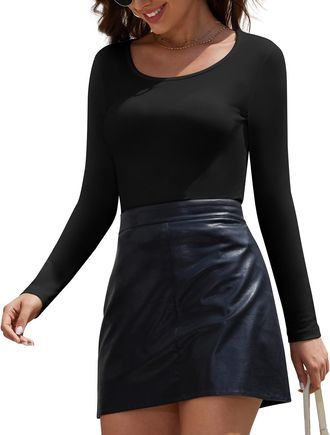 Joyshaper Damen Rundhalsausschnitt Langarmteeshirt Langarm Unterhemd Basic Lang&auml;rmeliges T-Shirt mit Rundhalsausschnitt f&uuml;r Dame Schwarz 2XL