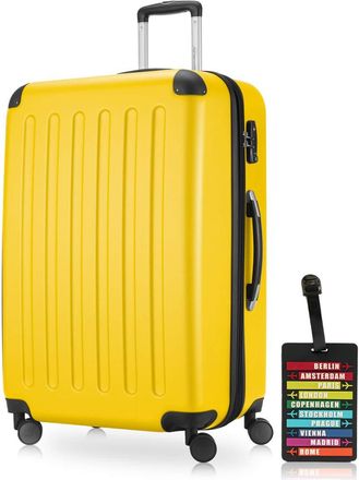 HAUPTSTADTKOFFER Spree - Hartschalenkoffer Rollkoffer + Kofferanhänger, erweiterbarer Reisekoffer, 4 Rollen, TSA, 75 cm, 119 Liter, Gelb