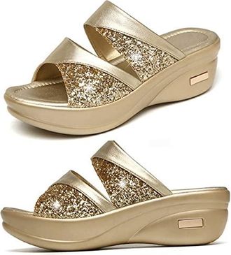 BESPORTBLE Sandales Compensées Femme été Épaisses Semelle Plateforme Chic Doré Confort Plage Casual