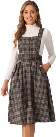 Allegra K Robe Salopette &agrave; Carreaux Femme Robe Botonn&eacute;e Vintage sans Manches Robe Trap&egrave;ze Chasuble Marron XL