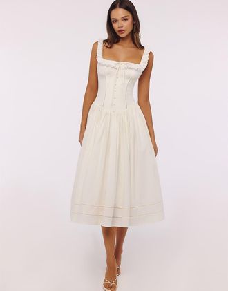 House of CB Phoebe - Baumwoll-Midikleid in Wei&szlig; mit Lochstickerei-Besatz