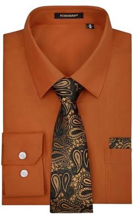 Hisdern Chemise Brun Homme Manches Longues Formelle Chemises Business avec Cravate Habillée Chemise Mariage Casual avec Poche Regular XXL