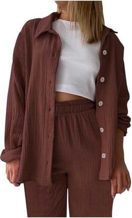 Generic Ensemble 2 pi&egrave;ces textur&eacute; d&eacute;contract&eacute; pour femme avec chemise boutonn&eacute;e et pantalon &agrave; cordon de serrage Tenue de d&eacute;tente Surv&ecirc;tement d&eacute;t&eacute; Vacances Ess