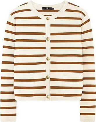 Generic Cardigan ray&eacute; &agrave; col rond pour femme, manches longues en tricot l&eacute;ger avec poches, Rayures caramel, XL