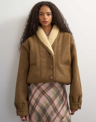 Topshop peau lain&eacute;e doubl&eacute;e &agrave; col ch&acirc;le camel-Marron