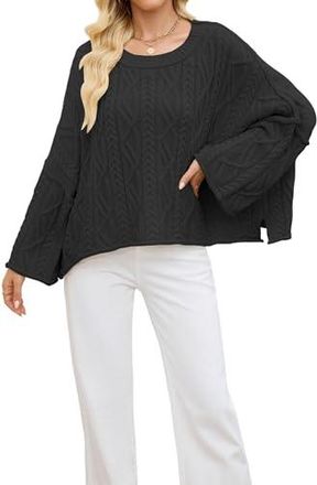 Generic Pull court surdimensionn&eacute; &agrave; col ras du cou en tricot torsad&eacute; avec longues manches &eacute;vas&eacute;es pour lautomne et lhiver - Pull d&eacute;contract&eacute; et doux pour femm