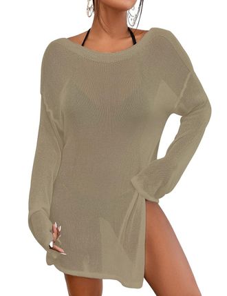 Bsubseach Crochet Coverups f&uuml;r Bademode Frauen Sheer Badeanzug Cover Up Kleid Mesh Strand Top Kamel