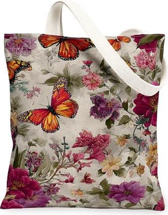 Generic Sacs fourre-tout en toile motif floral papillon, sacs d&eacute;picerie r&eacute;utilisables, l&eacute;gers et lavables avec bandouli&egrave;re, multicolore, 13x15 Inch