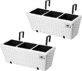 Gartenfreude Polyrattan Balkonkasten Blumenkasten 2 St&uuml;ck inkl. Aufh&auml;ngung, 47 x 17 x 15 cm, mit 3er Kunststoffeinsatz, wei&szlig;