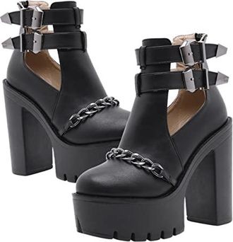 Minkissy Talons Épais Pour Femme Bottines à Rivets Chaîne Chaussures Eau Antidérapantes