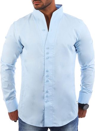 Carisma Herren Uni Langarm Stehkragen Hemd Slimfit tailliert figurbetont Party Club Look Optik Freizeit Casual einfarbig Basic H-902, Gr&ouml;sse:4XL, Farbe:Hellbl