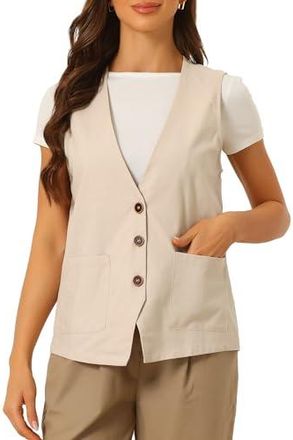 Allegra K Blazer sans Manches Femme Veste Cintr&eacute; en Lin Costume daffaires Manteaux sans Manches avec Col en V Gilet Boutonn&eacute; de Bureau Kaki S