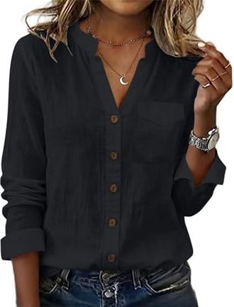 Generic Chemise boutonn&eacute;e en lin pour femme, col mandarin, manches longues, tunique d&eacute;contract&eacute;e avec poche de poitrine, hauts d&eacute;contract&eacute;s, Noir, XXL