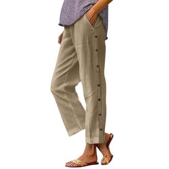 Generic Pantalon d&eacute;contract&eacute; en lin pour femme avec taille &eacute;lastique et bouton d&eacute;coratif pour un confort quotidien, kaki, 3XL