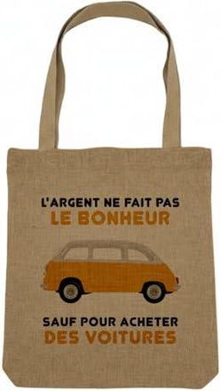Fabulous Sac Shopping Tote Bag Aspect Lin - Voiture R&eacute;tro - Largent ne Fait Pas le Bonheur Oldschool Sac de Courses Toile Epaisse 360g Beige Naturel Cabas Port