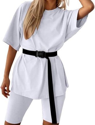 Generic Ensemble 2 pi&egrave;ces pour femme - T-shirt surdimensionn&eacute; - Short de motard - Tenue de sport d&eacute;contract&eacute;e avec ceinture - Ensemble assorti, blanc, XL
