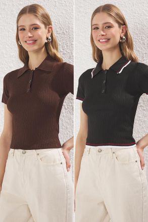Trendyol Kurze, taillierte Bluse im Colour-Block-Design, mehrfarbig - Braun