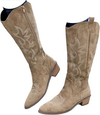 Generic Bottes de cowboy pour femme - Marron - Bottes mi-mollet - Cowgirl mi-mollet - Noir - Marron foncé - Gris - Brodé Wetsern - Bout à enfiler - Confortabl